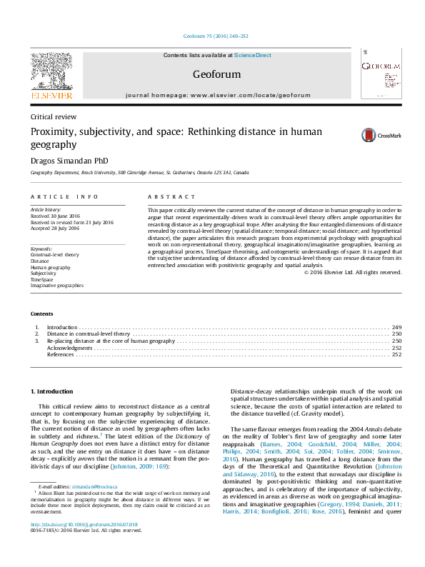 (PDF) Proximity, subjectivity, and space: rethinking distance in human ...