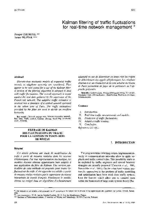 Pdf Kalman Filtering Of Traffic Fluctuations For Real Time Network Management