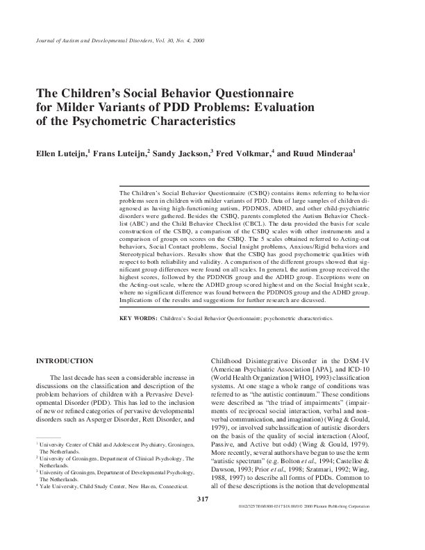 (PDF) The Children's Social Behavior Questionnaire for Milder Variants ...