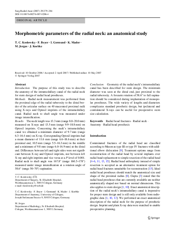 (PDF) Morphometric parameters of the radial neck: an anatomical study