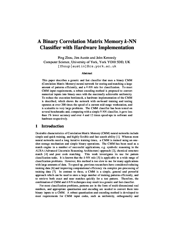 (PDF) A binary correlation matrix memory k-nn classifier with hardware implementation