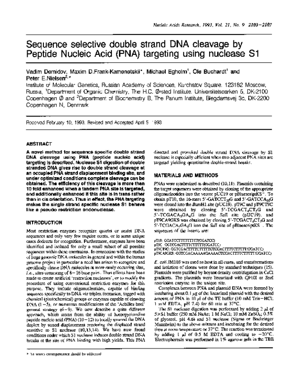 (PDF) Sequence selective double strand DNA cleavage by Peptide Nucleic ...