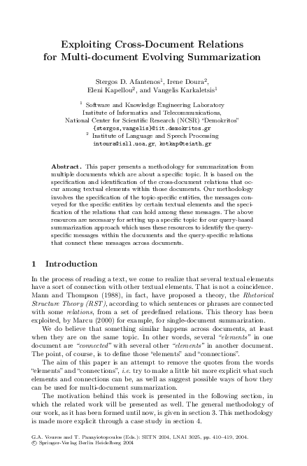 (PDF) Exploiting Cross-Document Relations for Multi-document Evolving Summarization