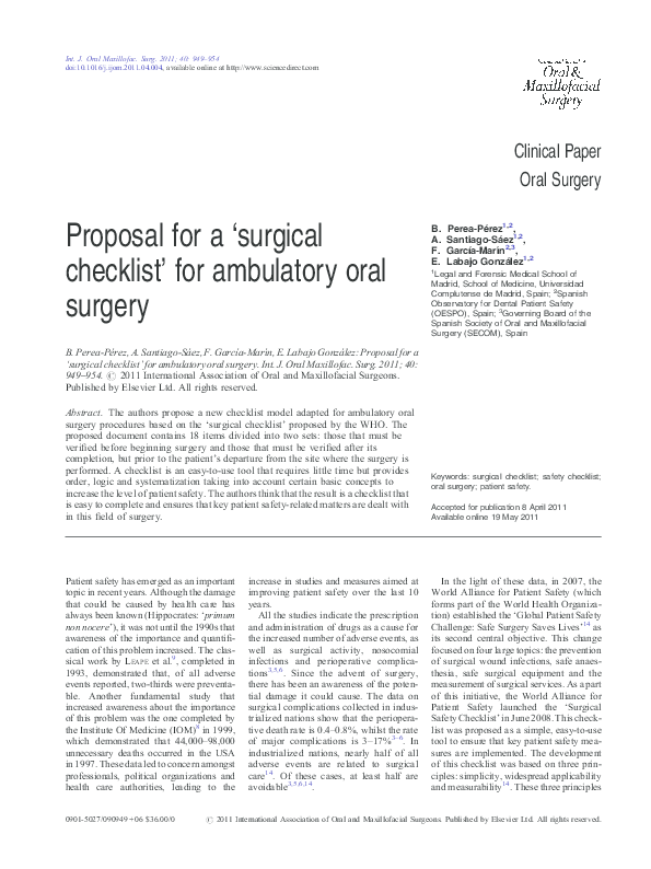 (PDF) Proposal for a 'surgical checklist' for ambulatory oral surgery.