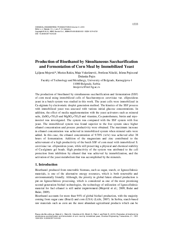 (PDF) Production of bioethanol by simultaneous saccharification and fermentation of corn meal by ...