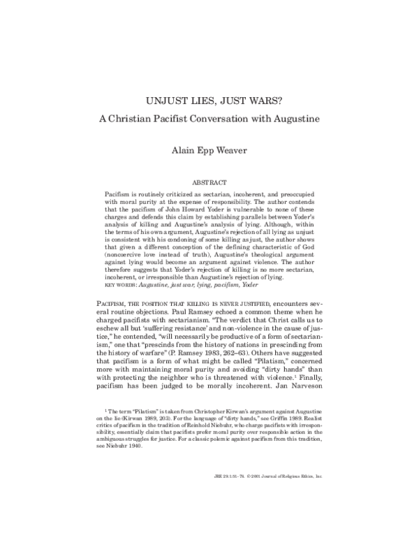 (PDF) Unjust Lies, Just Wars? A Christian Pacifist Conversation with ...