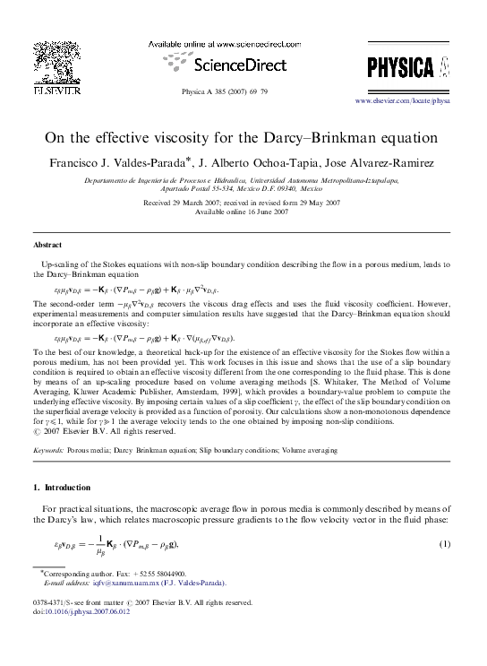 (PDF) On the effective viscosity for the Darcy–Brinkman equation