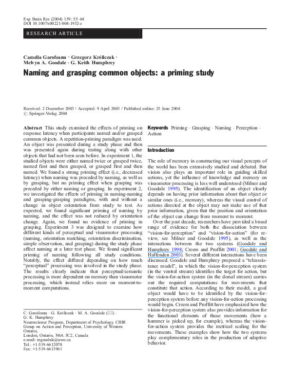 (PDF) Naming and grasping common objects: a priming study