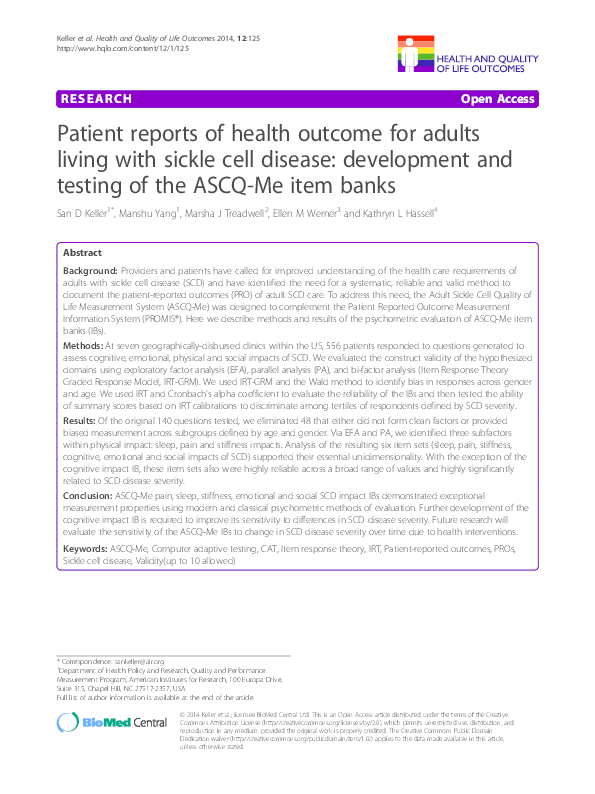 (PDF) Patient reports of health outcome for adults living with sickle ...