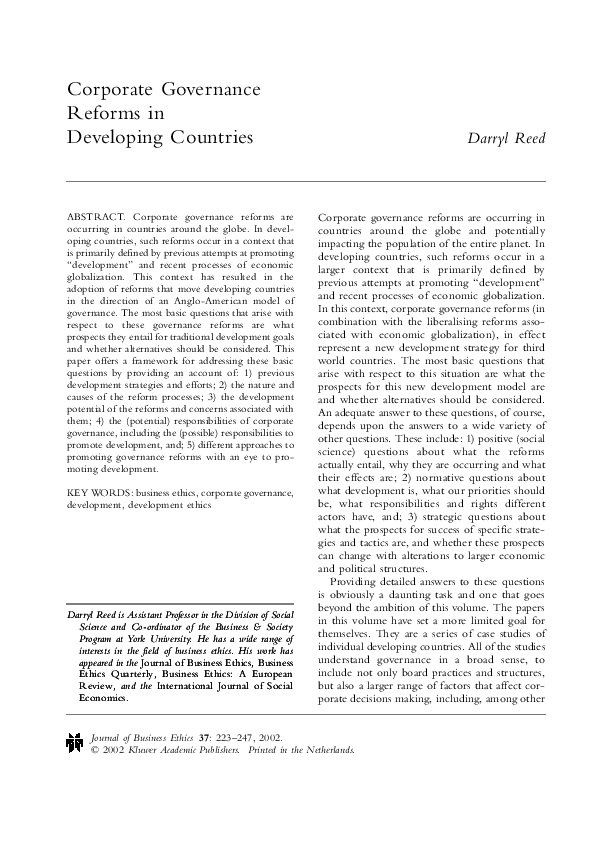 (PDF) Corporate Governance Reforms in Developing Countries