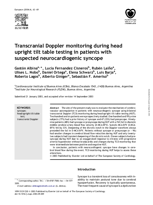 (PDF) Transcranial Doppler monitoring during head upright tilt table ...