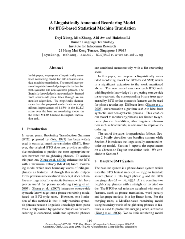 (PDF) A Linguistically Annotated Reordering Model for BTG-based Statistical Machine Translation