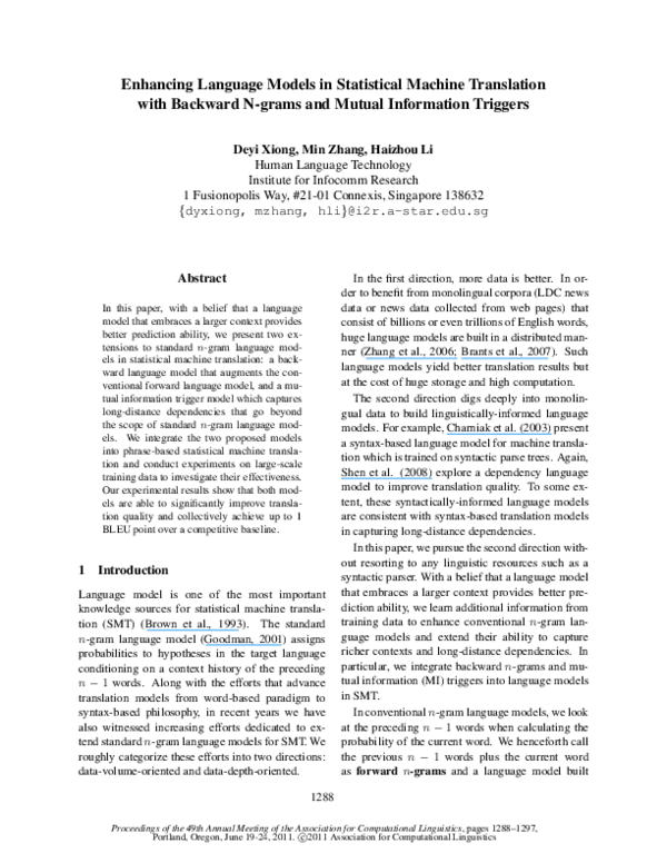 Pdf Enhancing Language Models In Statistical Machine Translation With