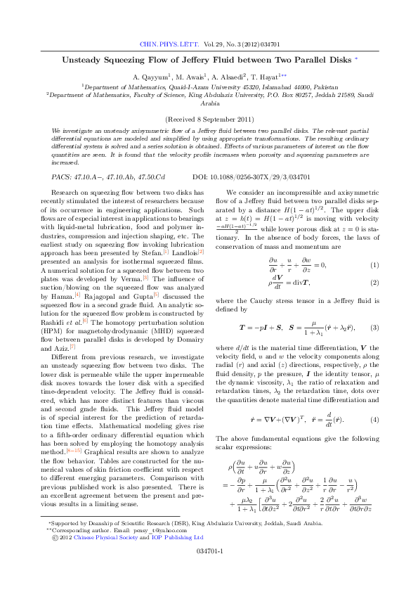 Pdf Unsteady Squeezing Flow Of Jeffery Fluid Between Two Parallel Disks