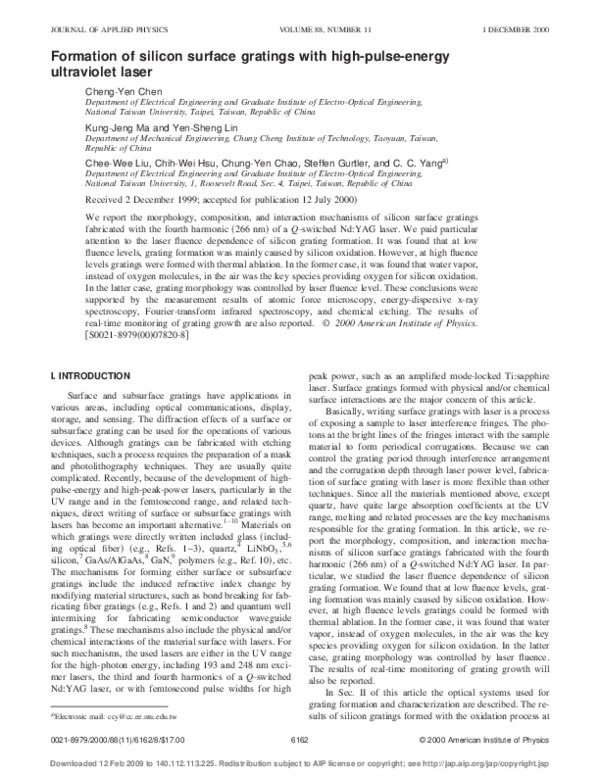 Pdf Formation Of Silicon Surface Gratings With High Pulse Energy Ultraviolet Laser