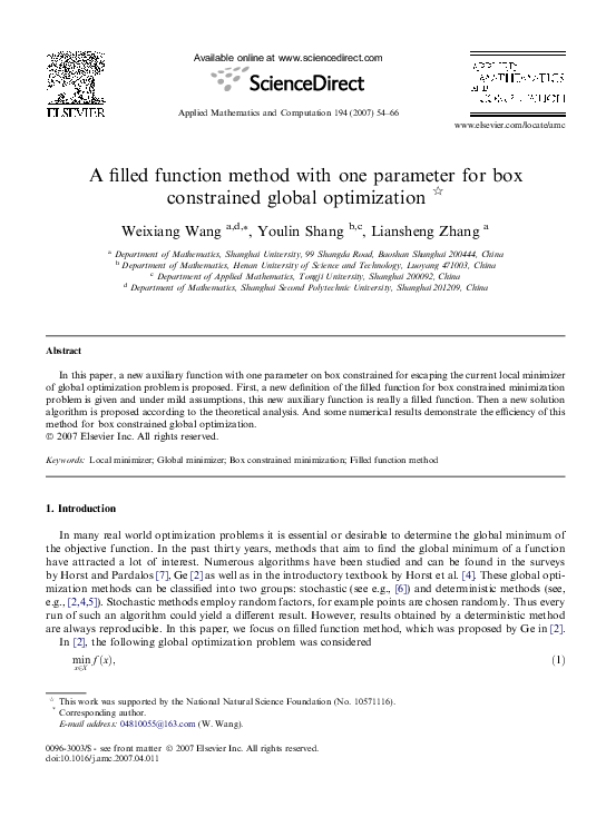 Pdf A Filled Function Method With One Parameter For Box Constrained