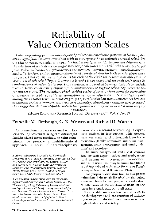 (PDF) Reliability of Value Orientation Scales