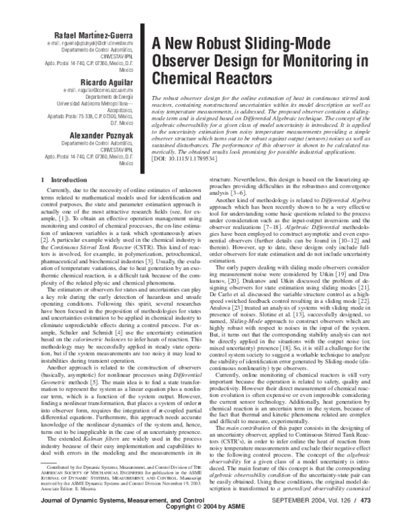 Pdf A New Robust Sliding Mode Observer Design For Monitoring In Chemical Reactors