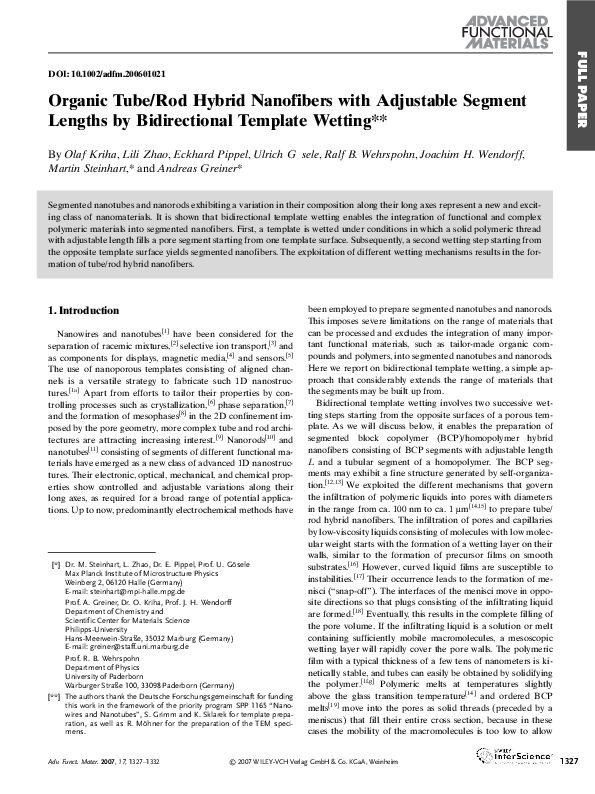 (PDF) Organic Tube/Rod Hybrid Nanofibers with Adjustable Segment ...
