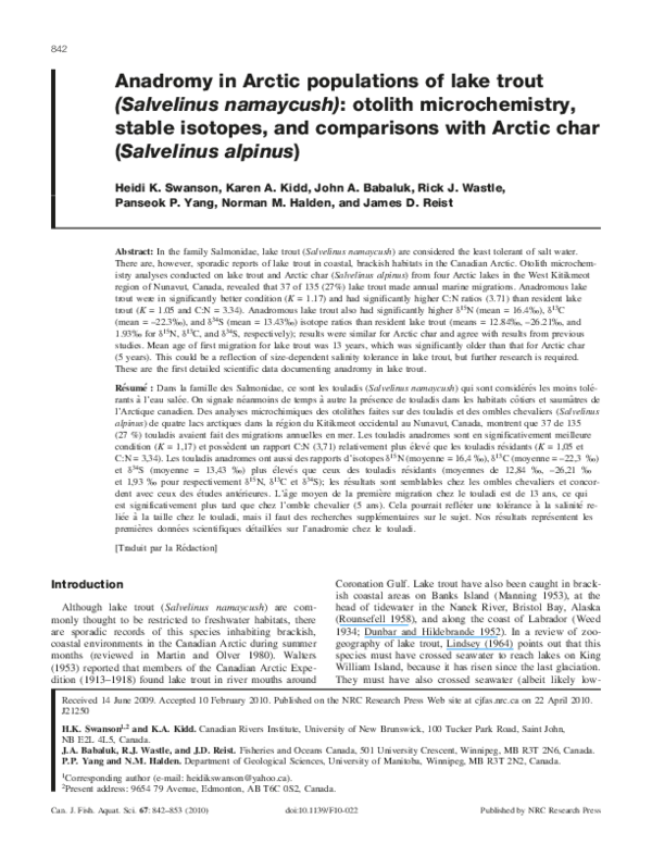 (PDF) Anadromy in Arctic populations of lake trout (Salvelinus ...