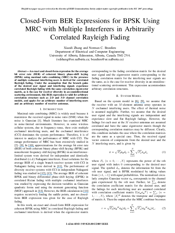 (PDF) Closed-Form BER Expressions for BPSK Using MRC with Multiple Interferers in Arbitrarily ...