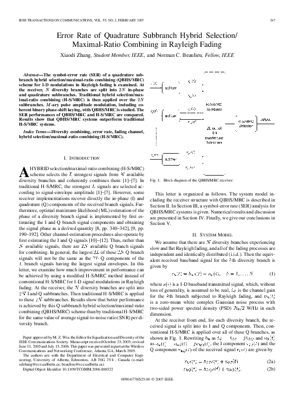 Pdf Error Rate Of Quadrature Subbranch Hybrid Selection Maximal