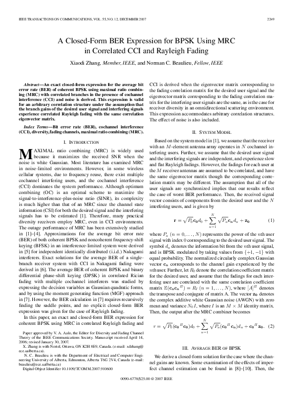 (PDF) A Closed-Form BER Expression for BPSK Using MRC in Correlated CCI and Rayleigh Fading