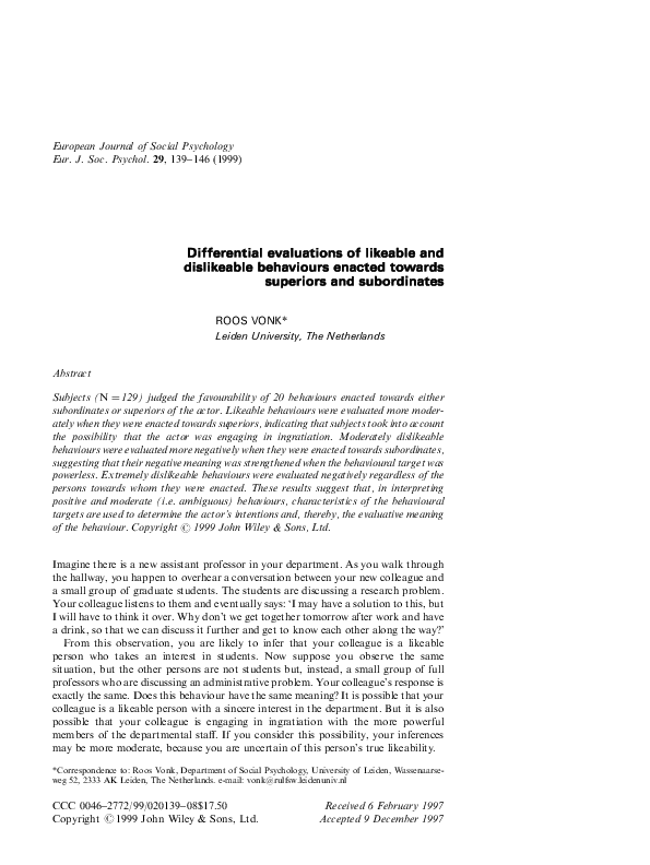 (PDF) Differential evaluations of likeable and dislikeable behaviours ...