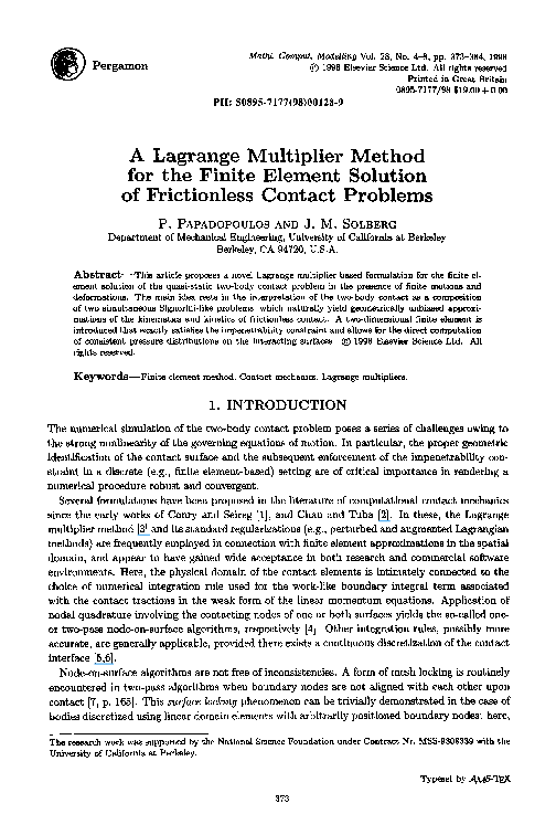 Pdf A Lagrange Multiplier Method For The Finite Element Solution Of Frictionless Contact Problems