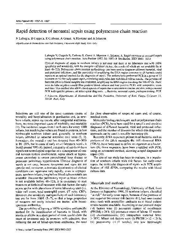 (PDF) Rapid detection of neonatal sepsis using polymerase chain reaction