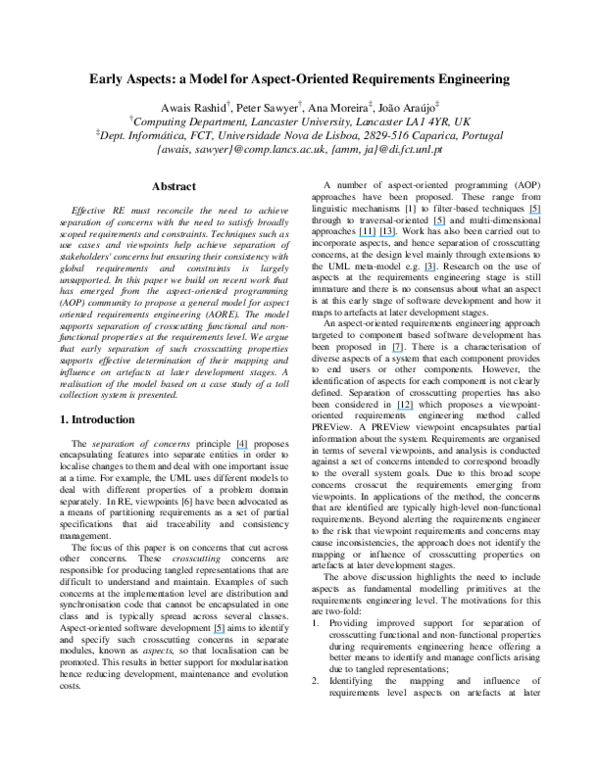(PDF) Early Aspects: A Model for Aspect-Oriented Requirements Engineerin
