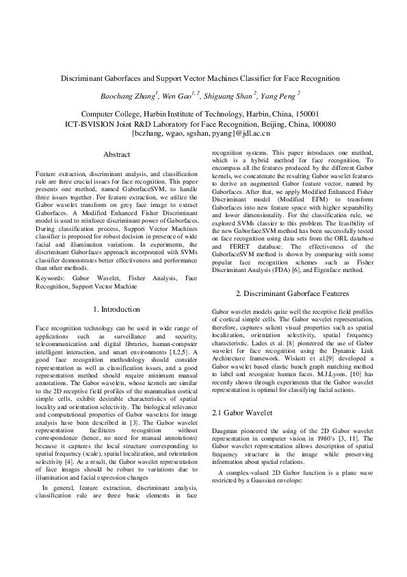 (PDF) Discriminant Gaborfaces and Support Vector Machines Classifier for Face Recognition