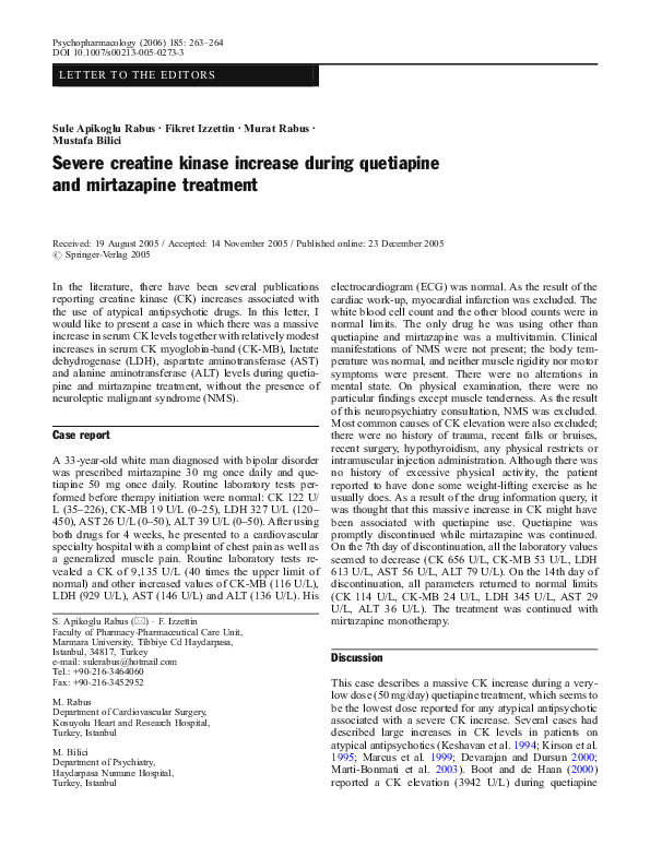 (PDF) Severe creatine kinase increase during quetiapine and mirtazapine ...