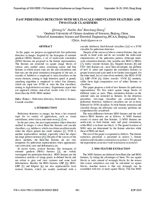 Pdf Fast Pedestrian Detection With Multi Scale Orientation Features And Two Stage Classifiers