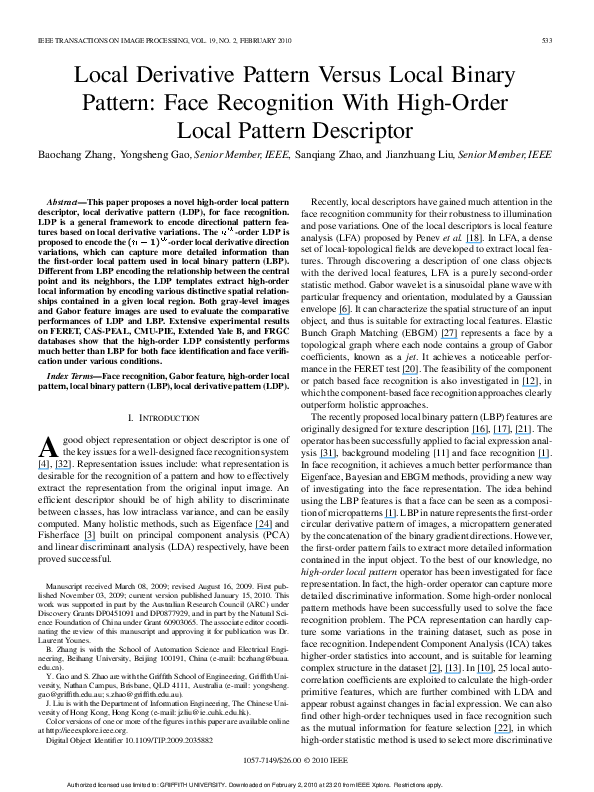 Local Derivative Pattern Versus Local Binary Pattern Face Recognition With High Order Local
