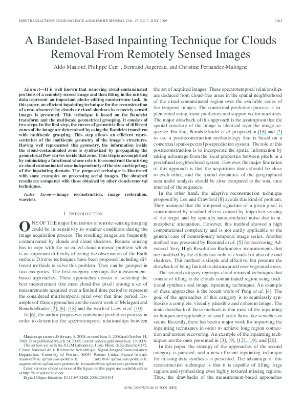 (PDF) A Bandelet-Based Inpainting Technique for Clouds Removal From ...