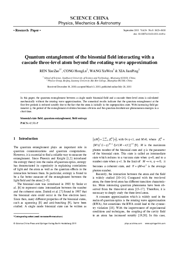 (PDF) Quantum entanglement of the binomial field interacting with a cascade three-level atom ...