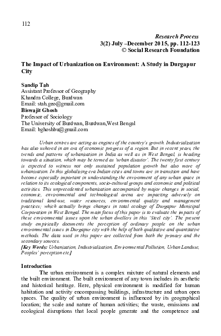 (PDF) The Impact of Urbanization on Environment: A Study in Durgapur City