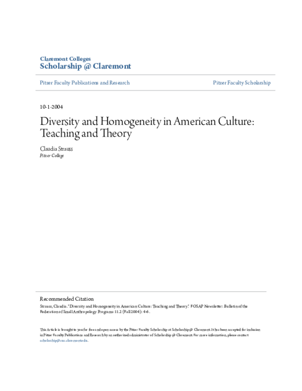 (PDF) Diversity and Homogeneity in American Culture: Teaching and Theory