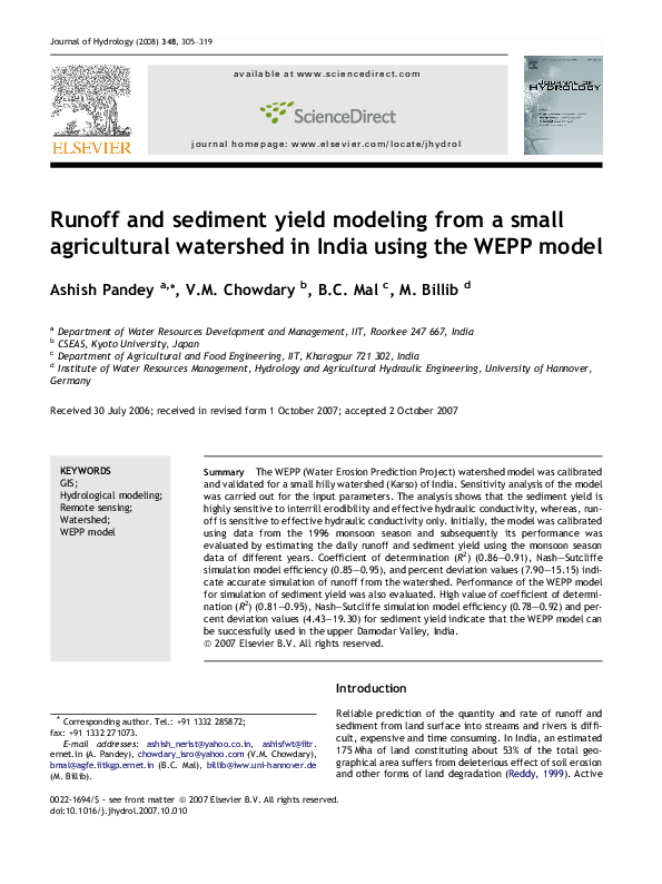 (PDF) Runoff and sediment yield modeling from a small agricultural watershed in India using the ...