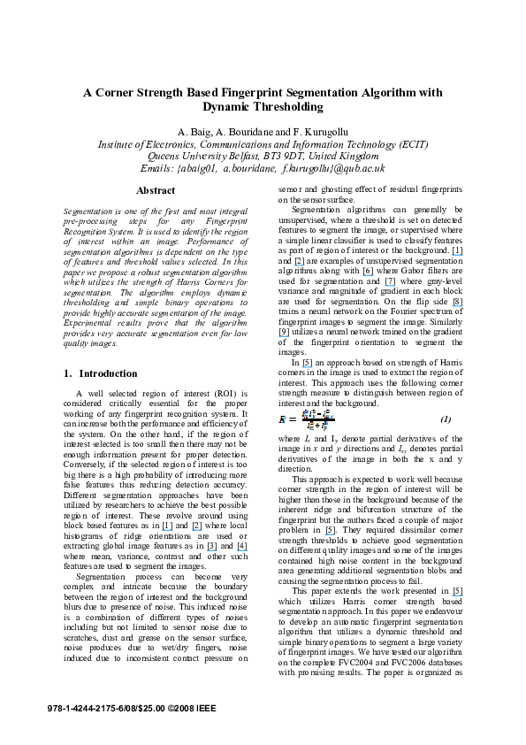 Pdf A Corner Strength Based Fingerprint Segmentation Algorithm With Dynamic Thresholding