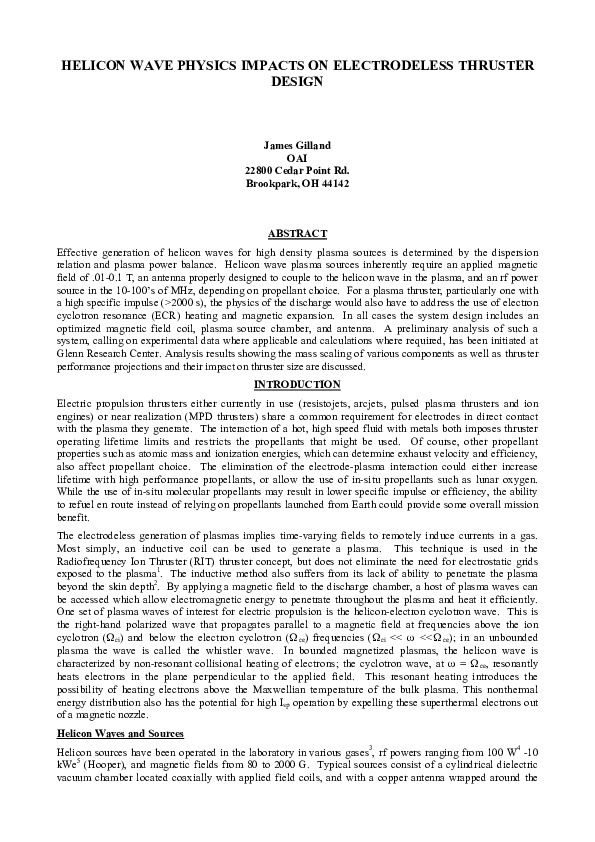 (PDF) Helicon Wave Physics Impacts on Electrodeless Thruster Design