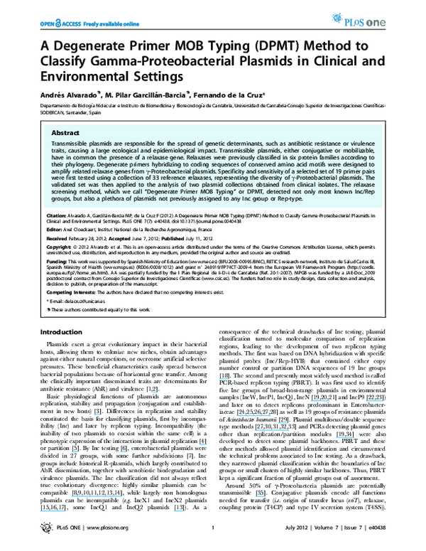 (PDF) A Degenerate Primer MOB Typing (DPMT) Method to Classify Gamma ...