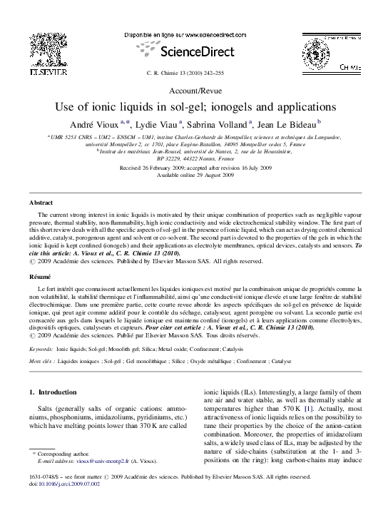 (PDF) Use of ionic liquids in sol-gel; ionogels and applications
