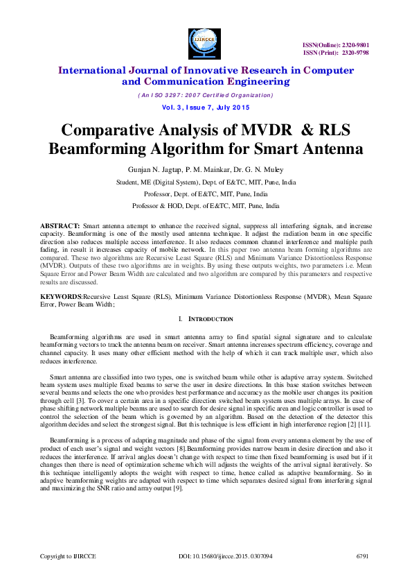 (PDF) Comparative Analysis of MVDR & RLS Beamforming Algorithm for Smart Antenna