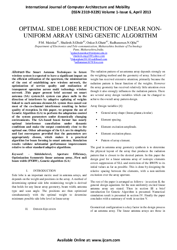 (PDF) OPTIMAL SIDE LOBE REDUCTION OF LINEAR NON- UNIFORM ARRAY USING GENETIC ALGORITHM