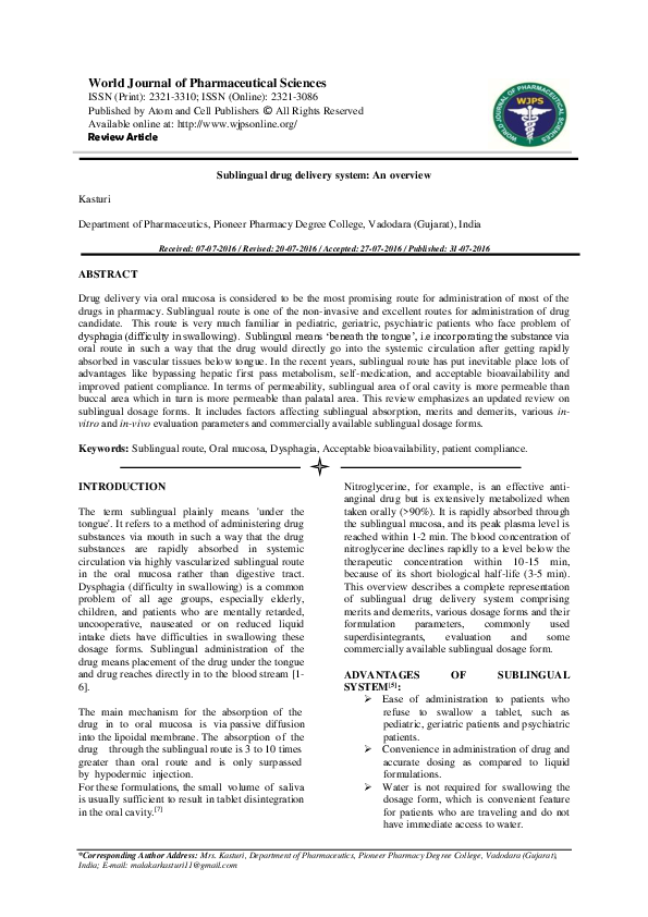 (DOC) Sublingual drug delivery system: An overview