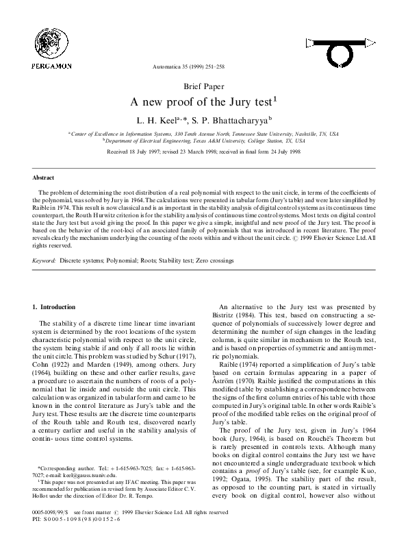 (PDF) A new proof of the Jury test