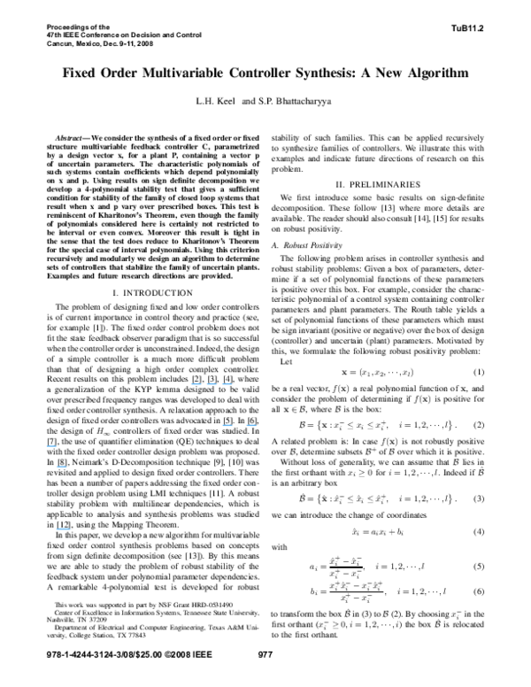 Pdf Fixed Order Multivariable Controller Synthesis A New Algorithm