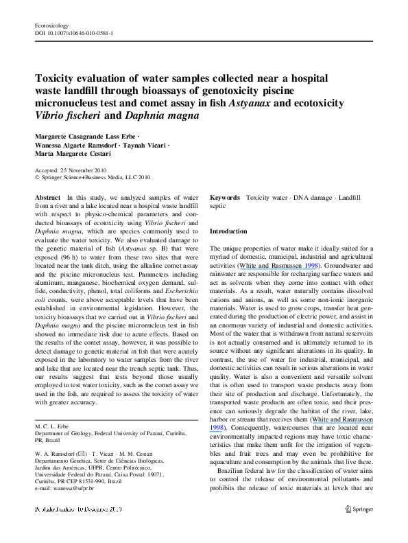 (PDF) Toxicity evaluation of water samples collected near a hospital ...